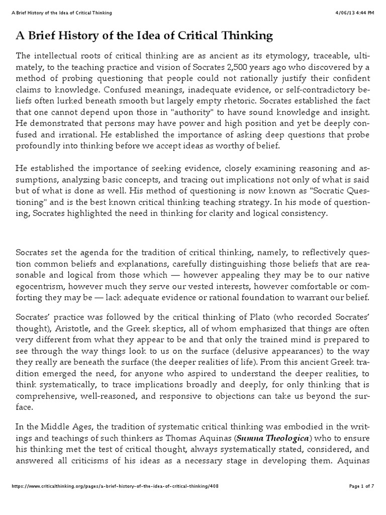 A Brief History of The Idea of Critical Thinking | PDF | Critical ...