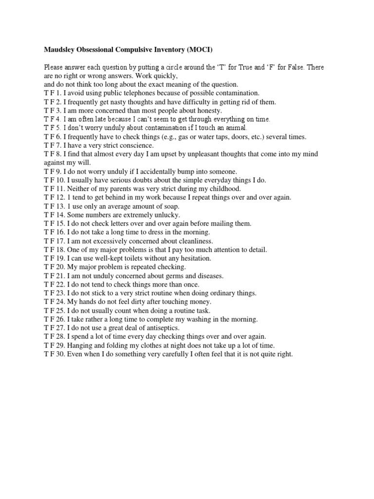 Maudsley Obsessional Compulsive Inventory | PDF | Language Arts ...