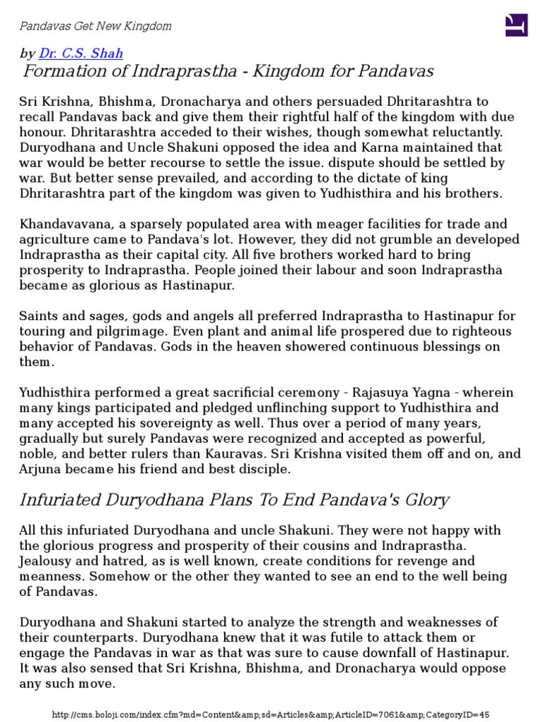 Formation of Indraprastha - Kingdom for Pandavas: Dr. C.S. Shah ...