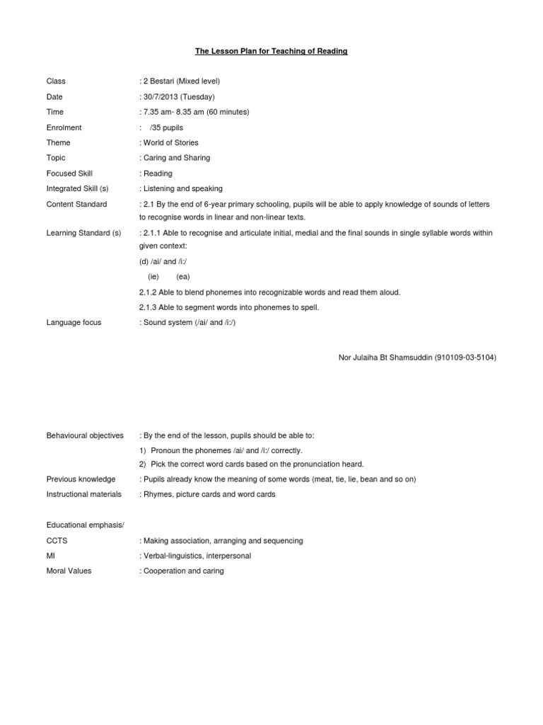 The Lesson Plan For Teaching of Phonemes | PDF | Phoneme | Lesson Plan