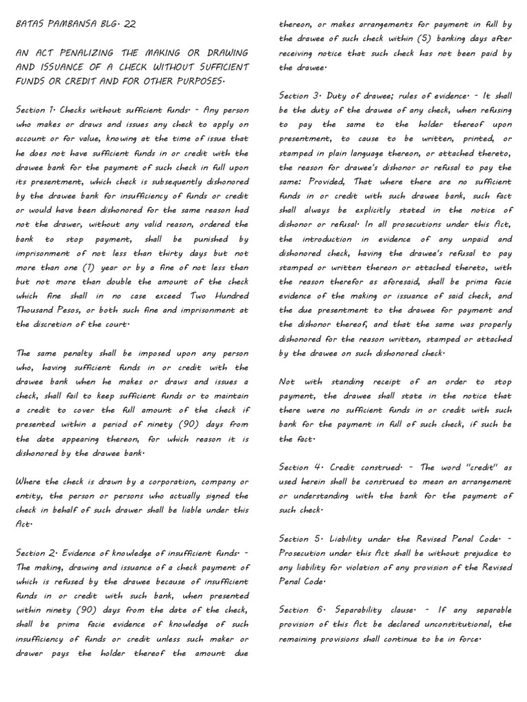 BP 22 (Bouncing Checks Law) | PDF | Fine (Penalty) | Cheque