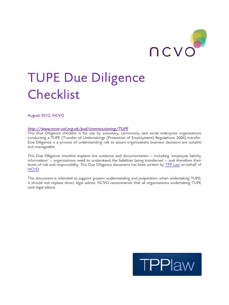 TUPE Due Diligence Checklist | PDF | Parental Leave | Employment