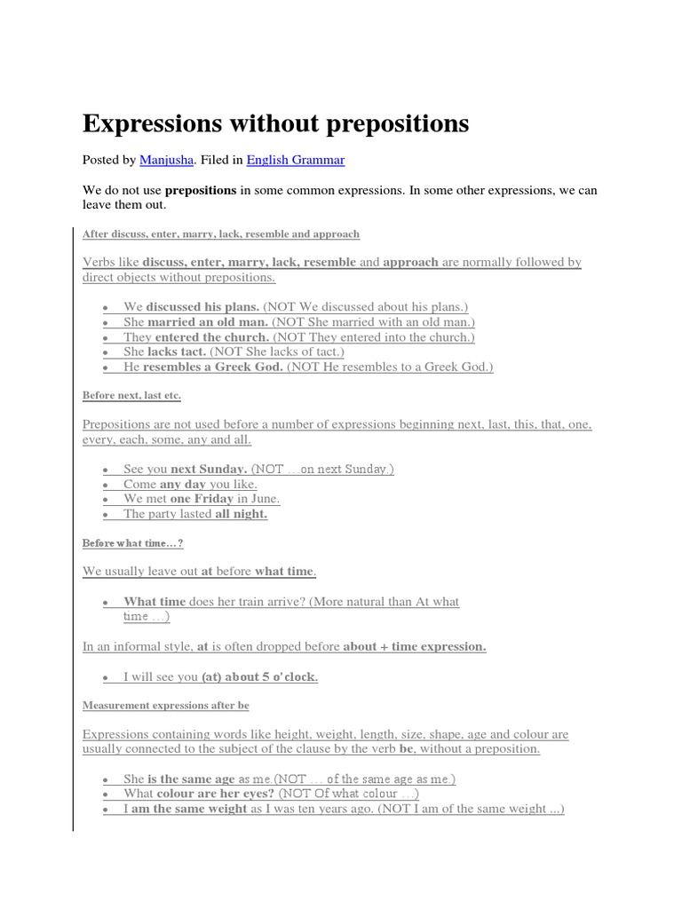 Expressions Without Prepositions | PDF | Language Arts & Discipline ...