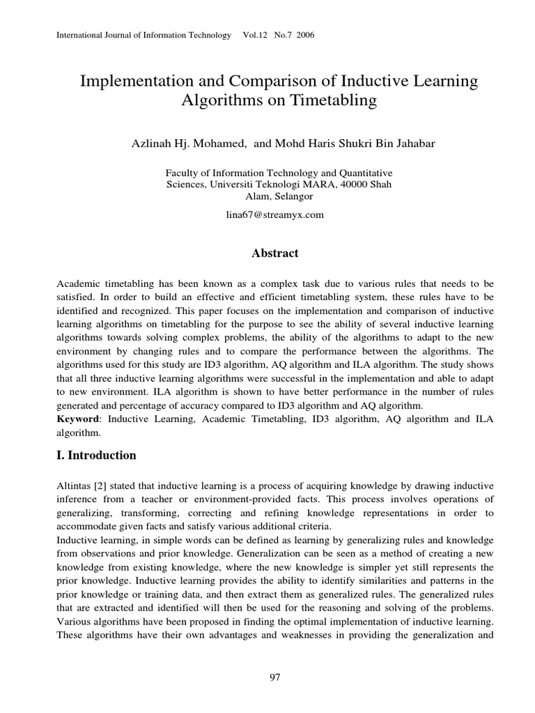 Implementation And Comparison Of Inductive Learning Algorithms On Timetabling Pdf Machine 5743