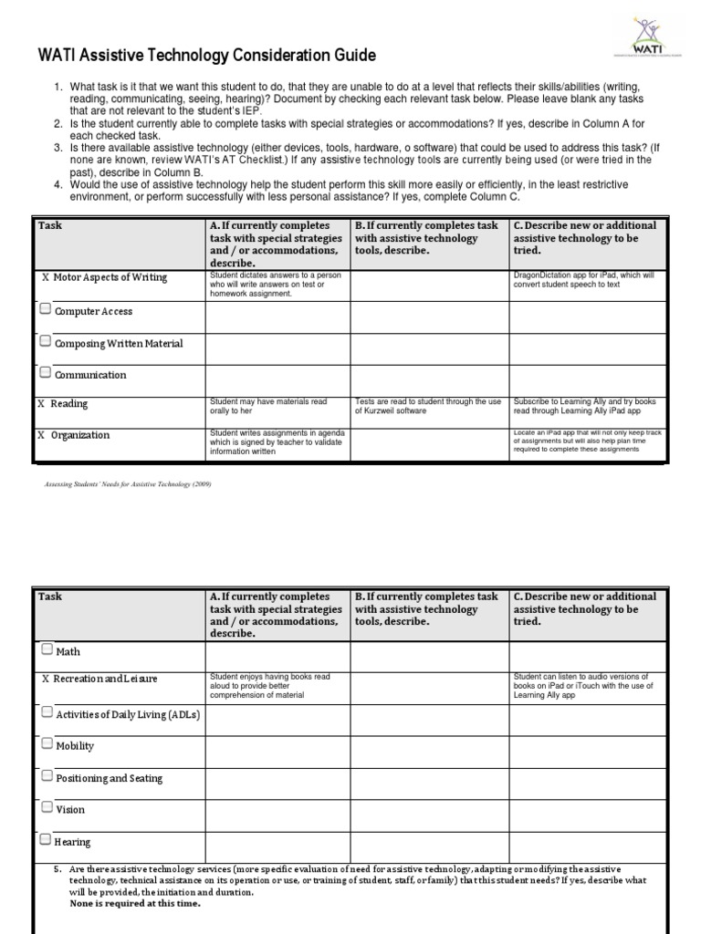 WATI Assistive Technology Consideration Guide | PDF | Homework | I Pad