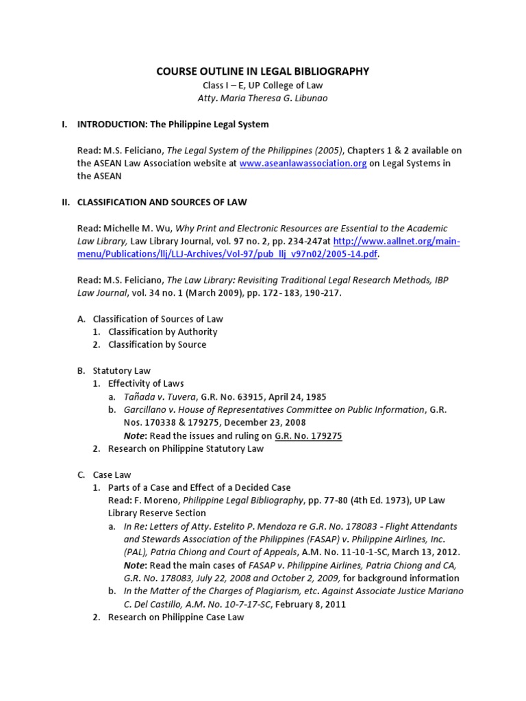 Course Outline in Legal Bibliography I-E | Libraries | Philippines
