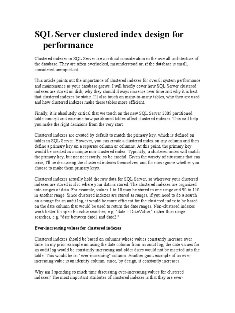 Sql Server Clustered Index Design For Performance Pdf Database Index Microsoft Sql Server