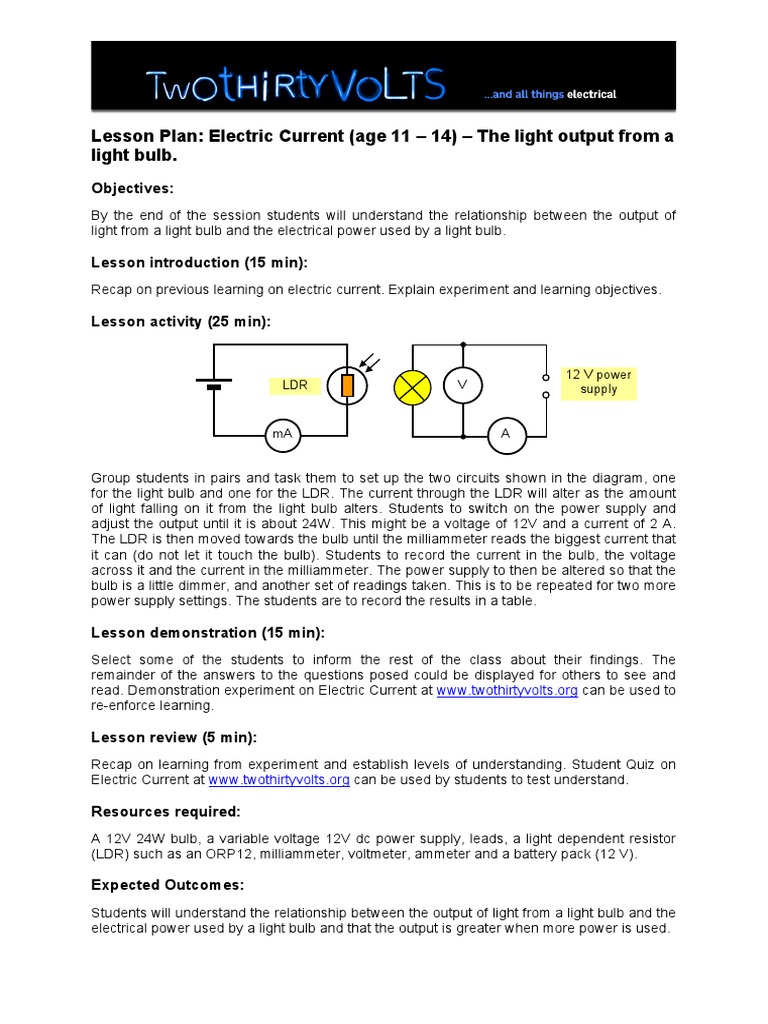Electric Current 11to14 Lesson-Plan | Power Supply | Voltage