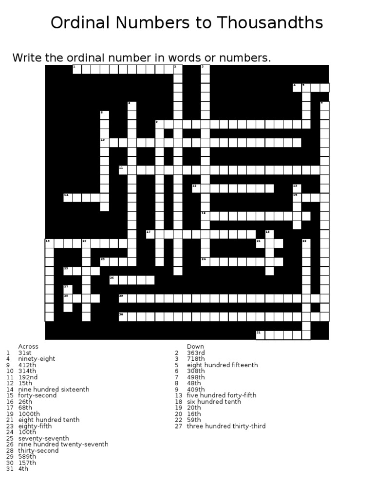 Ordinal Numbers To Thousandths Crossword | PDF | Word Puzzles | Puzzles