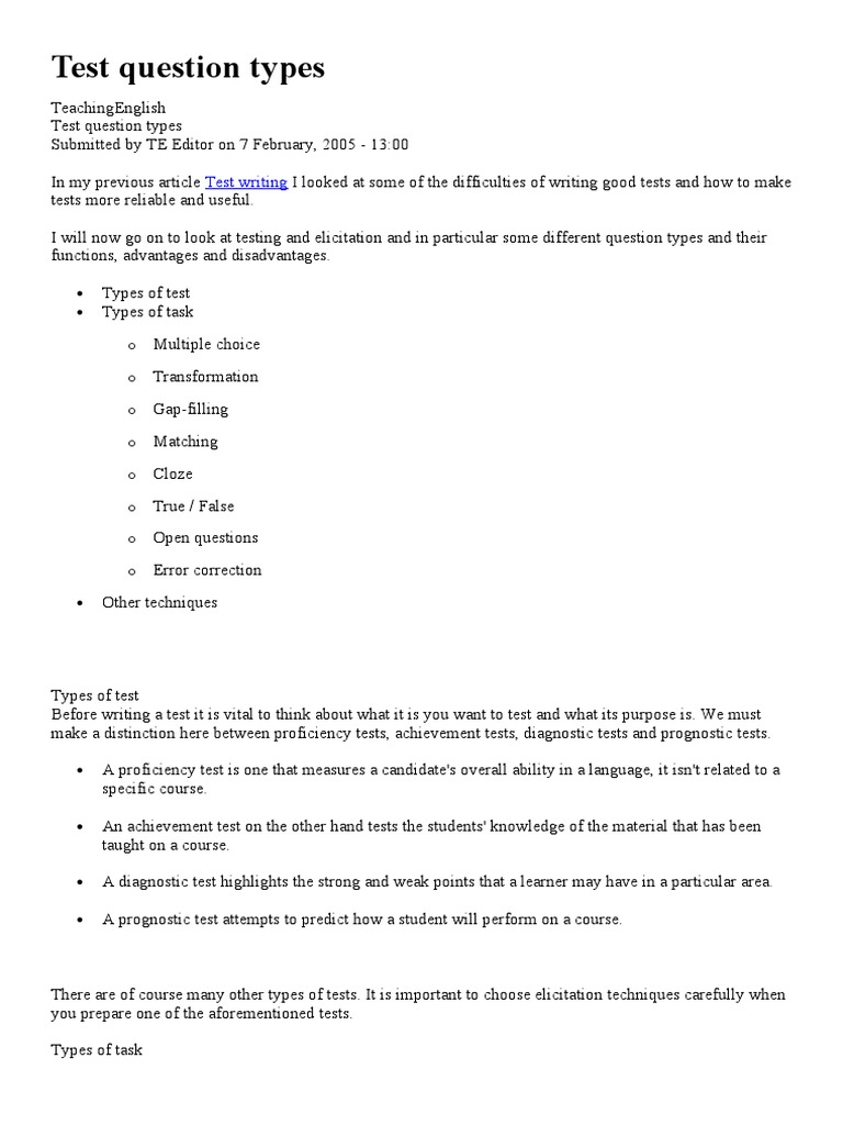Test Question Types | Download Free PDF | Multiple Choice | Test ...
