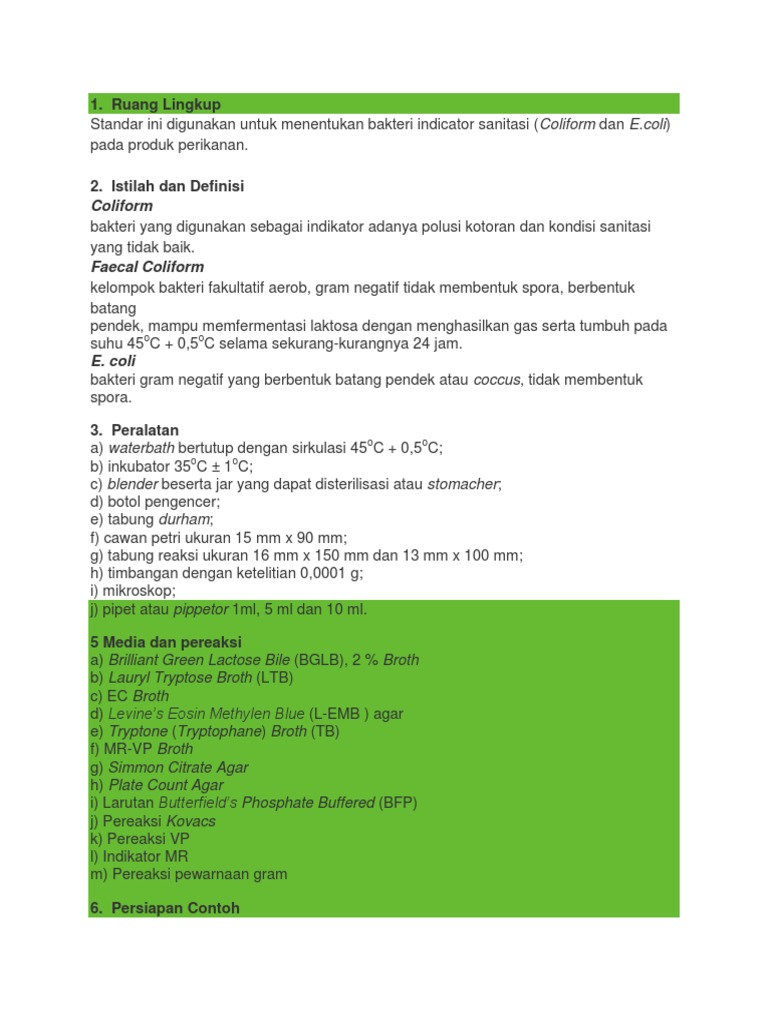 Cara Uji Mikrobiologi - Bagian 1: Penentuan Coliform Dan Escherichia Coli Pada Produk Perikanan ...