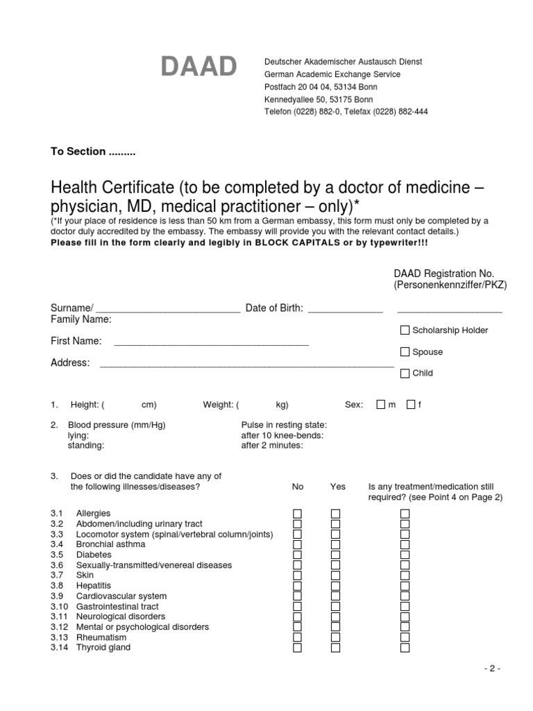 DAAD - Health Certificate | PDF | Physician | Diseases And Disorders