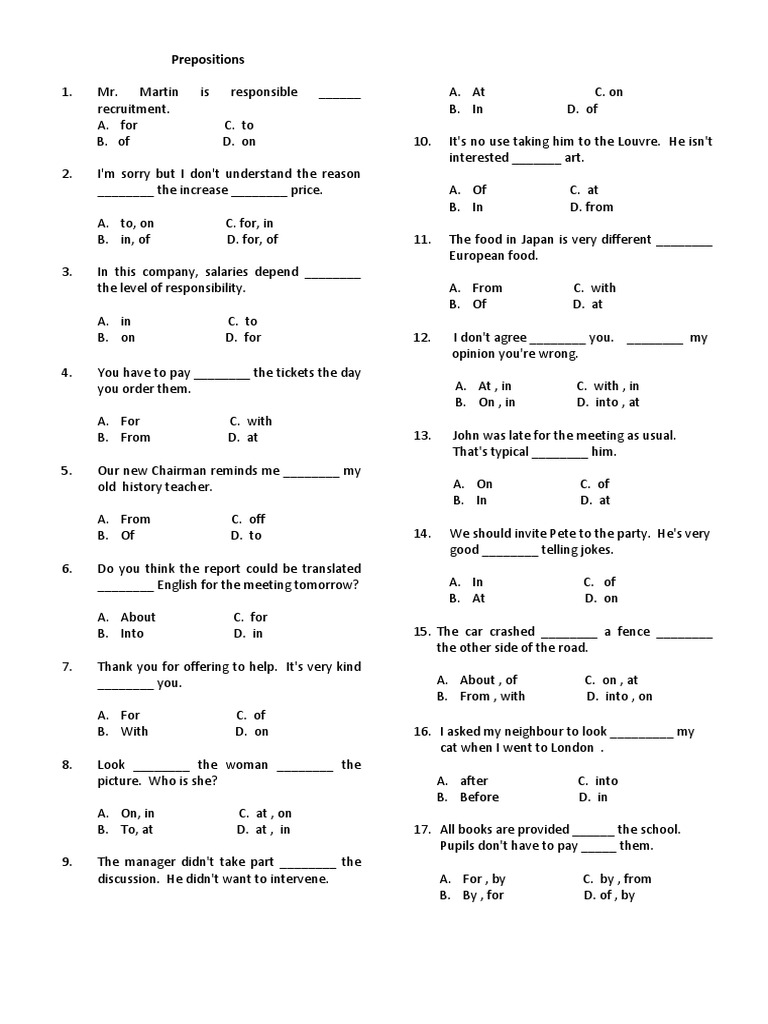 Prepositions Exercises | PDF | Leisure