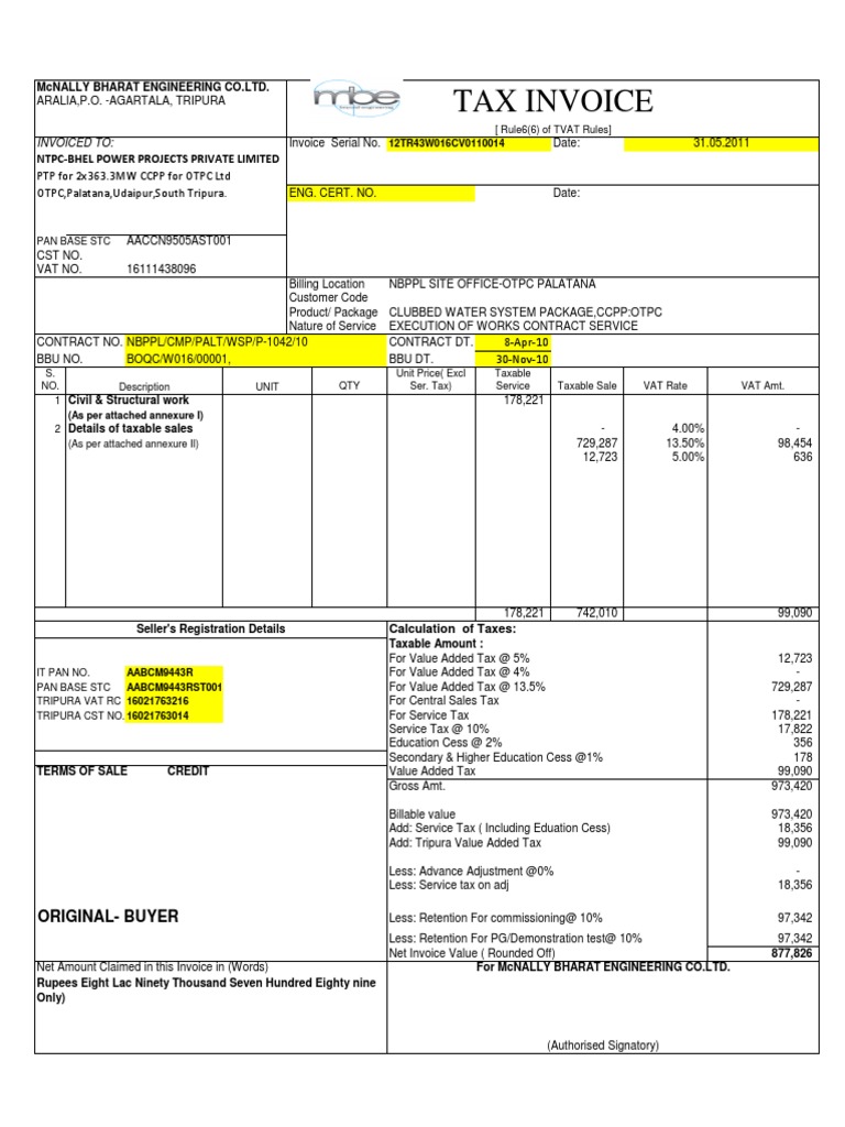 Tax Invoice: Ntpc-Bhel Power Projects Private Limited | PDF | Invoice ...