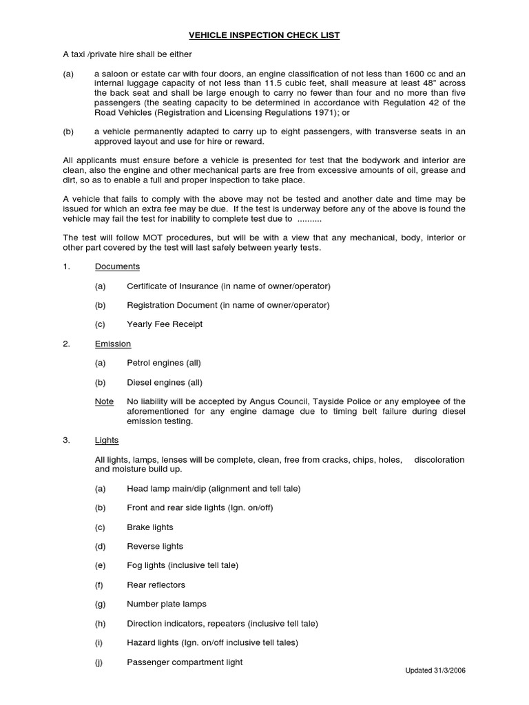 Taxi Vehicle Inspection Checklist | PDF | Steering | Suspension (Vehicle)