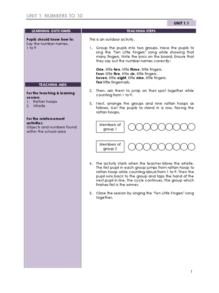 Unit 1: Numbers To 10: Learning Outcomes Teaching Steps | PDF