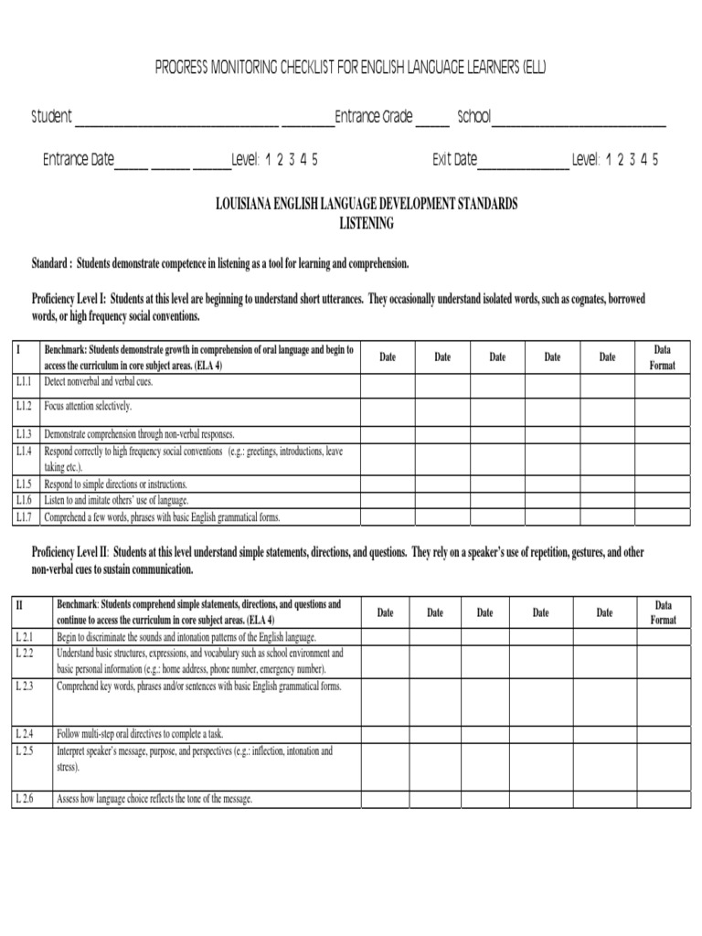 ESL Checklist | PDF | Language Development | English Language