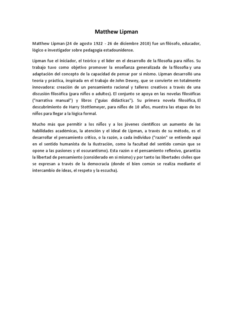 Filosofía para Niños: Legado de Lipman | PDF
