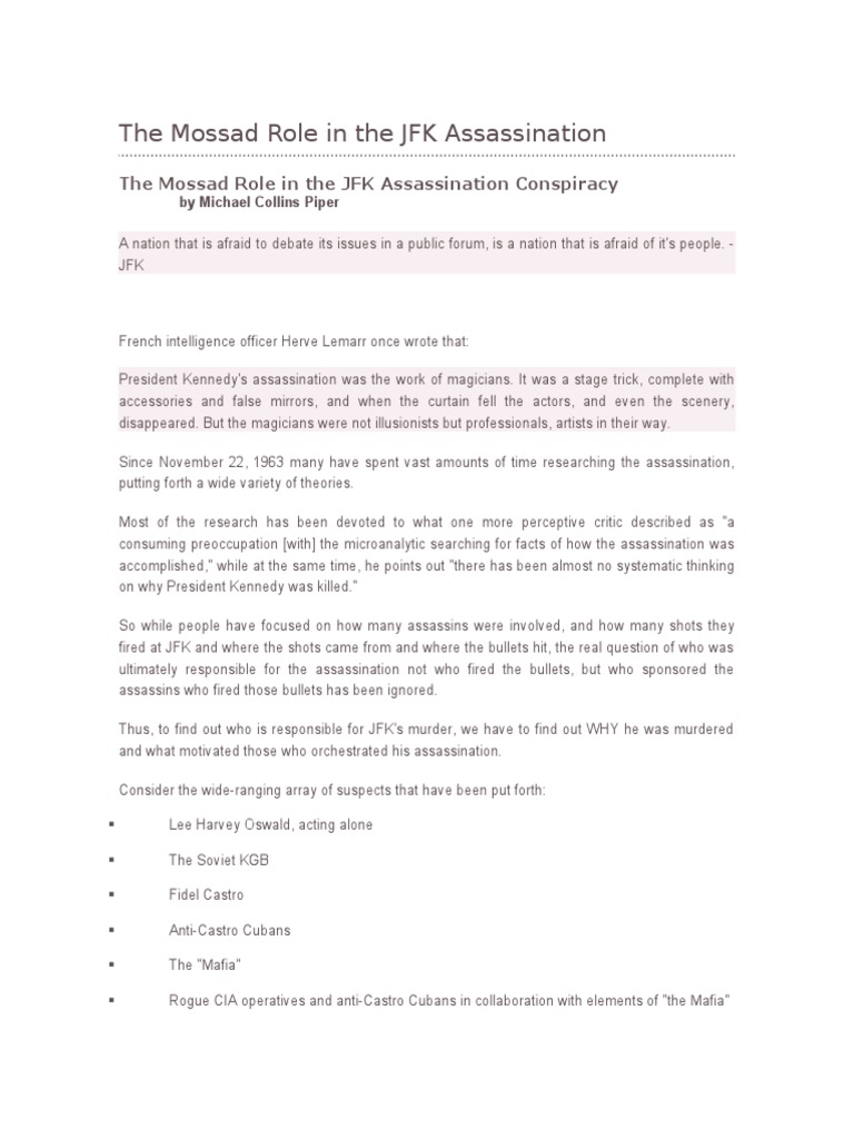 Mossad's Alleged Role in JFK Plot | PDF | John F. Kennedy ...