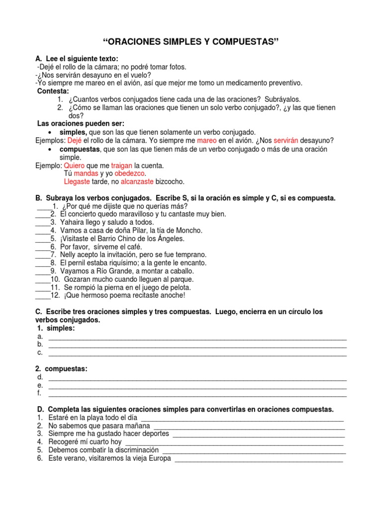 Oraciones Simples y Compuestas | PDF | Artes del Lenguaje y ...