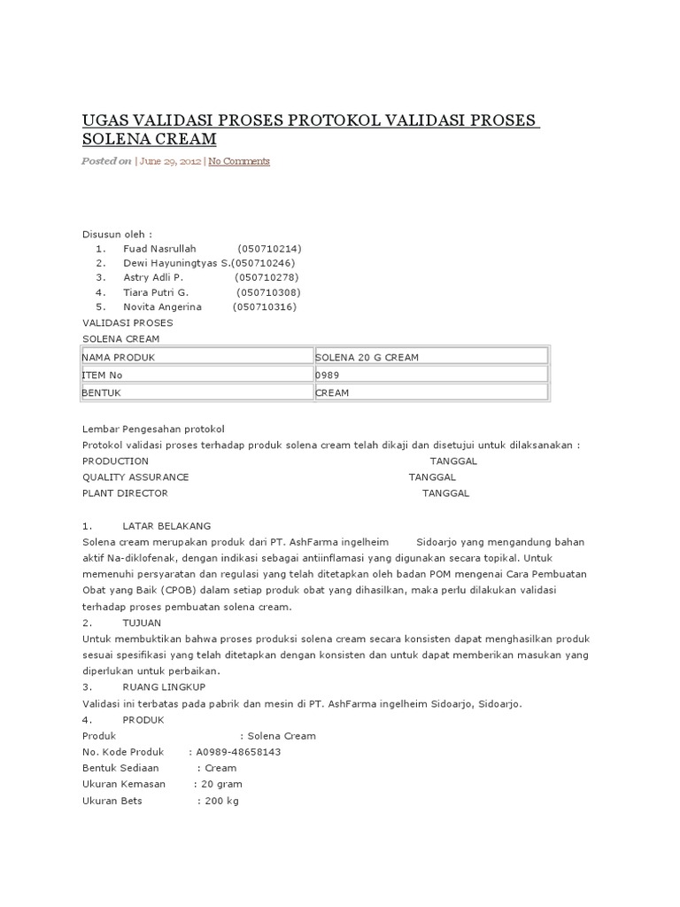 Validasi Proses Protokol Validasi Proses Solena Cream | PDF
