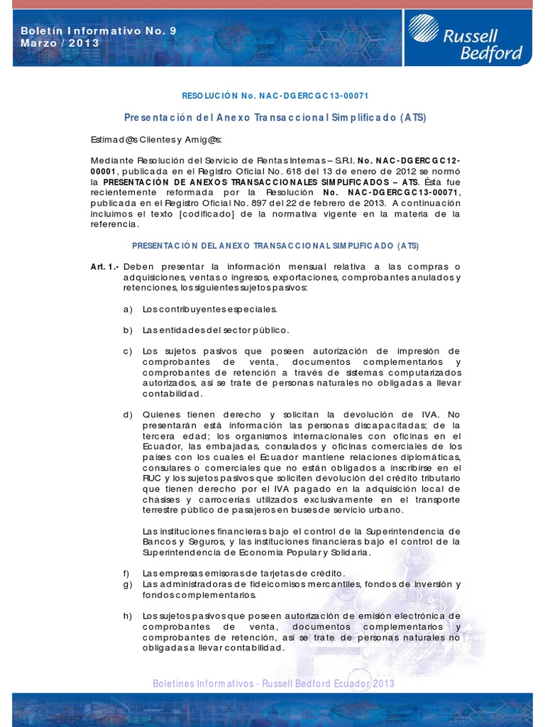 Anexo Transaccional Simplificado - ATS | PDF | Impuesto sobre la renta | Contabilidad