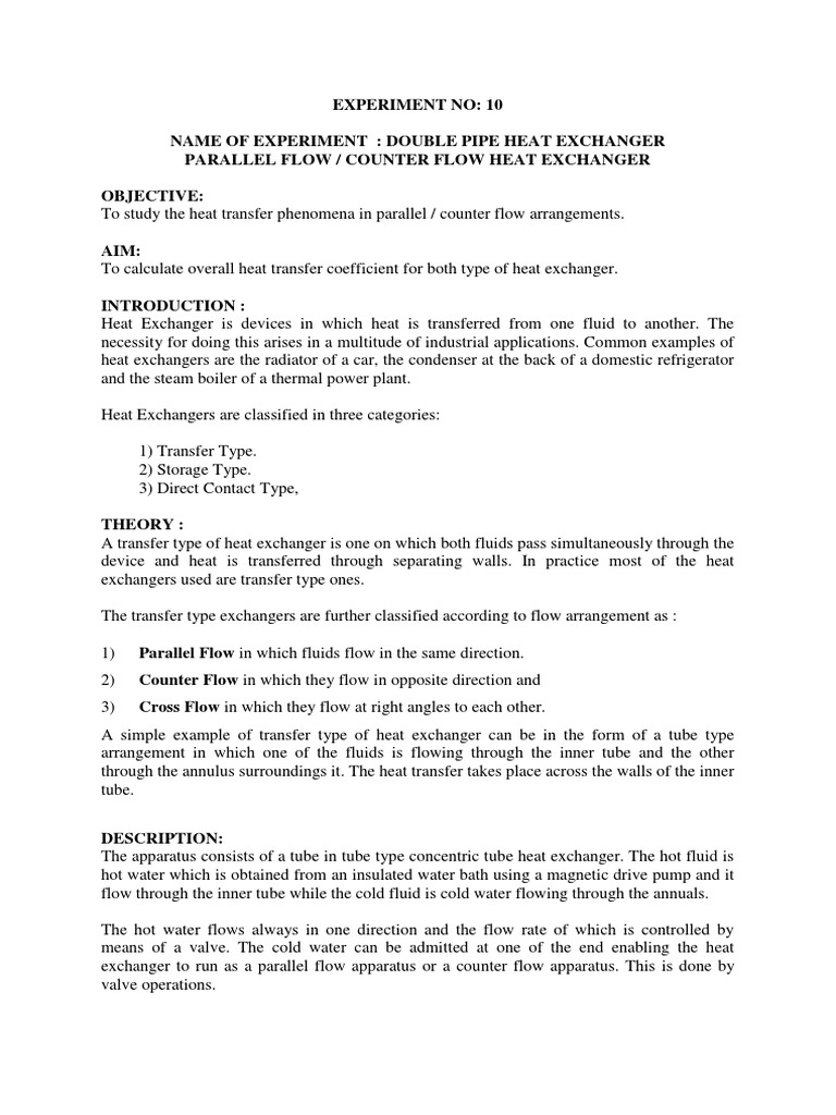 Double Pipe Parallel N Counter Flow | PDF | Heat Exchanger | Water Heating