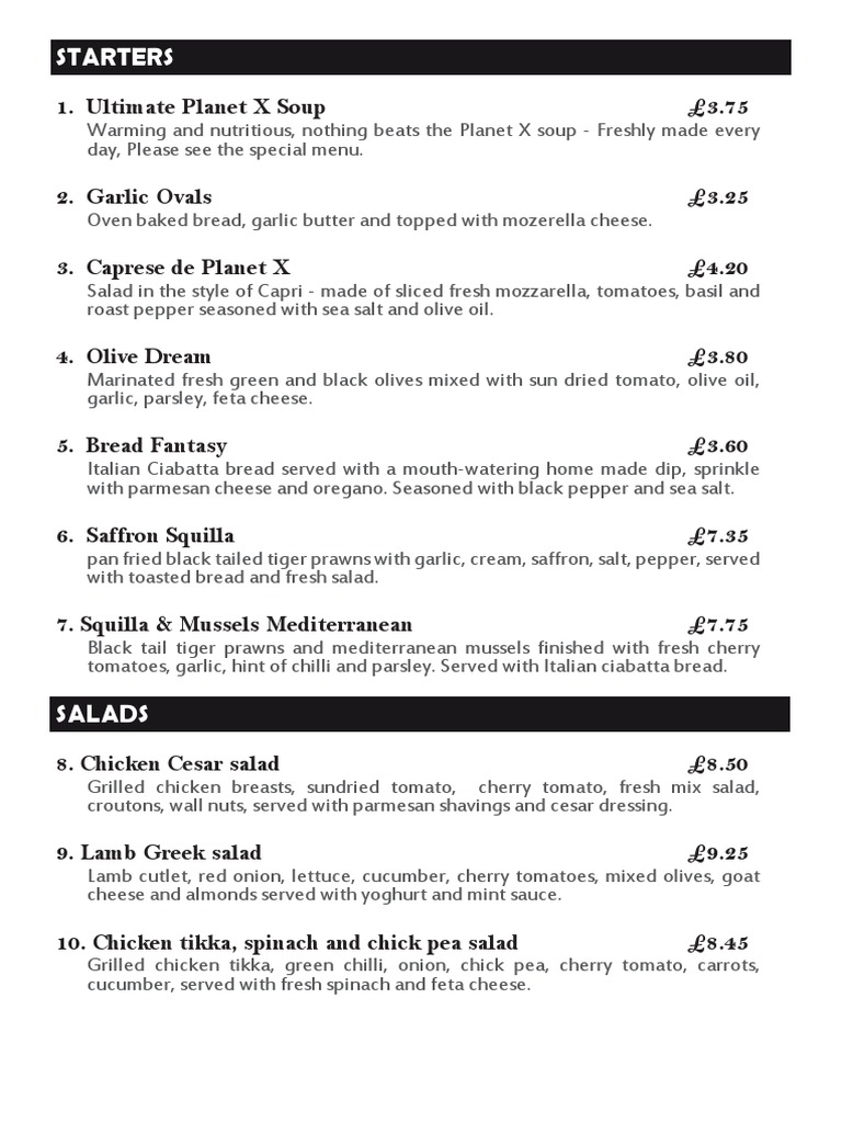 Planet X Restaurant Menu Overview | PDF | Salad | Curry