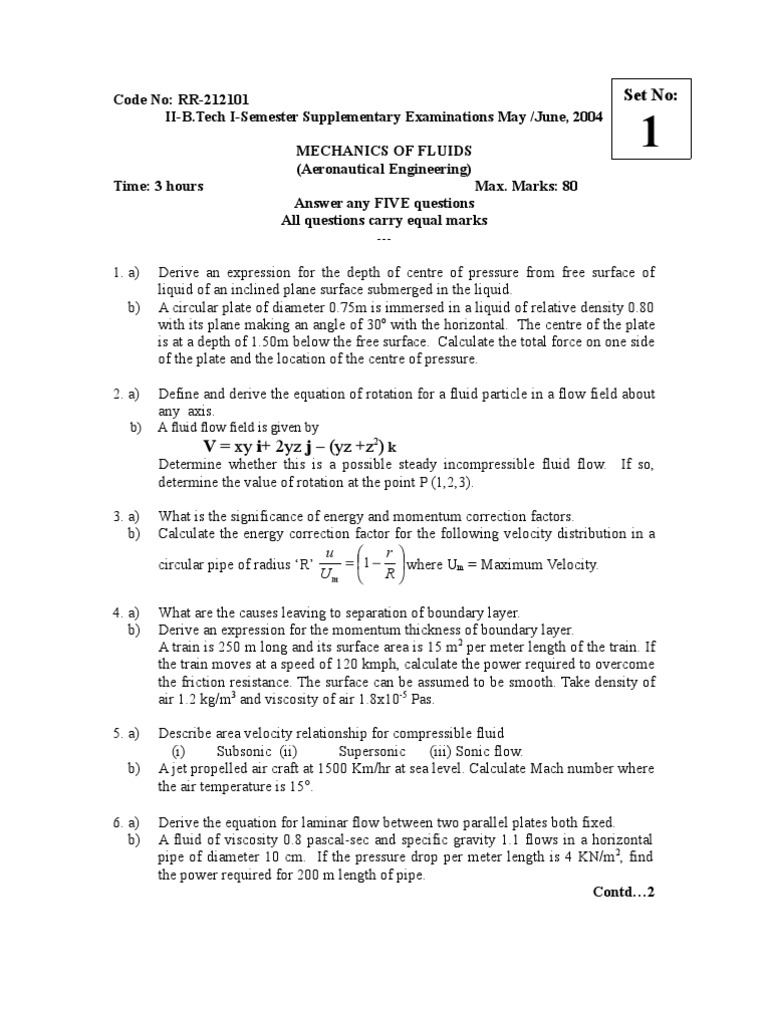 Mechanics of Fluids RR 212101 | PDF | Boundary Layer | Fluid Dynamics