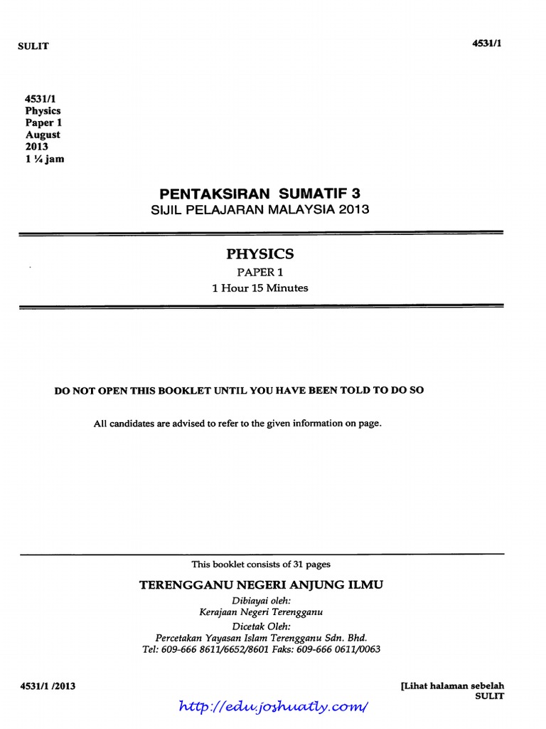 Trial Terengganu SPM 2013 PHYSICS Ques - Scheme All Paper | PDF | Refraction | Switch