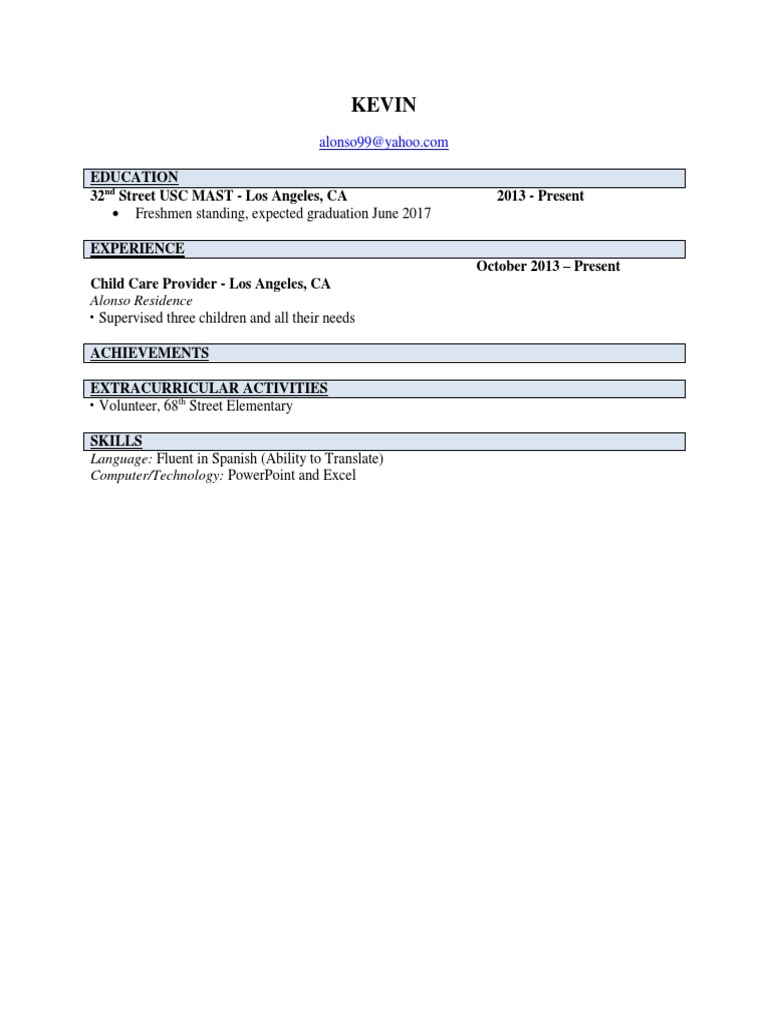 Child Care Provider Resume for Kevin | PDF