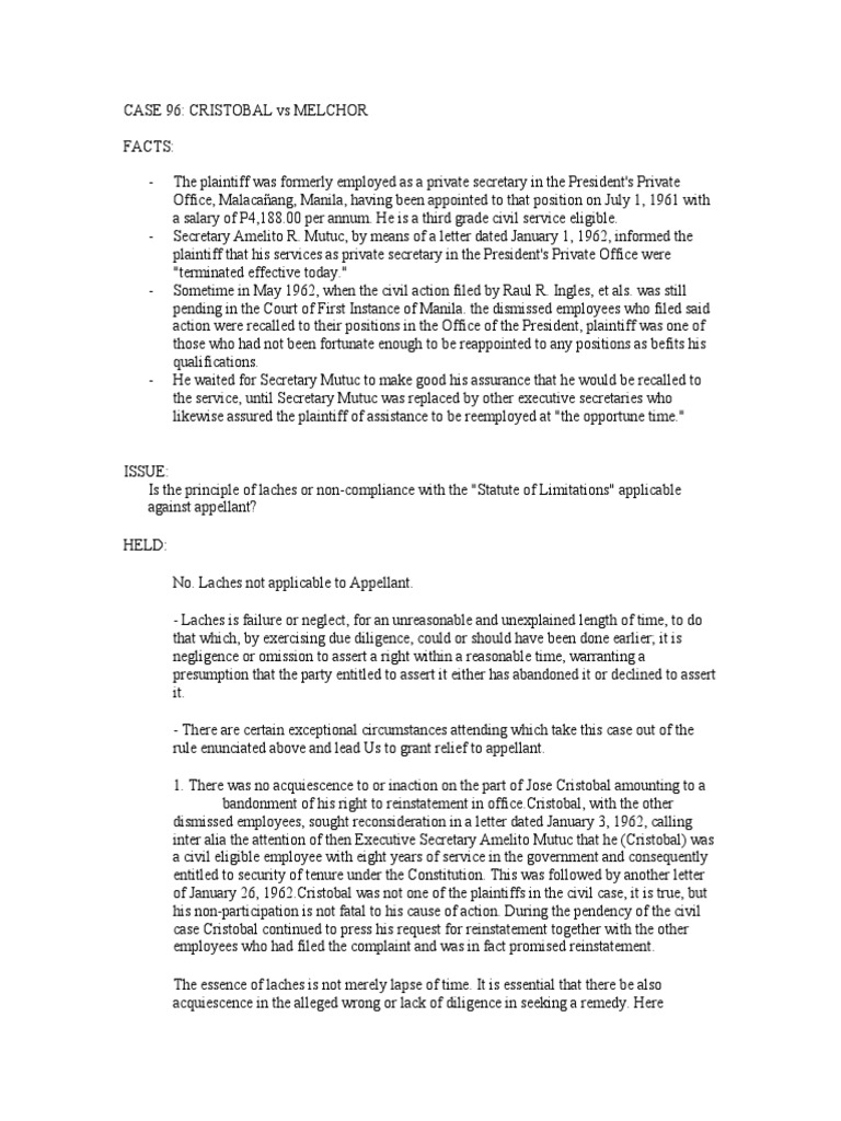 Laches Inapplicable: Cristobal vs Melchor | PDF | Laches (Equity) | Lawsuit
