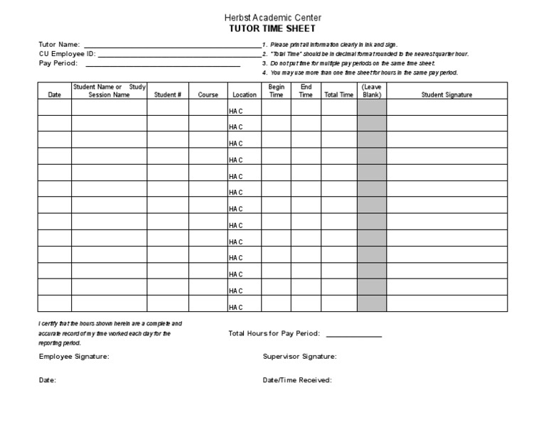 Tutor Time Sheet: Herbst Academic Center | PDF