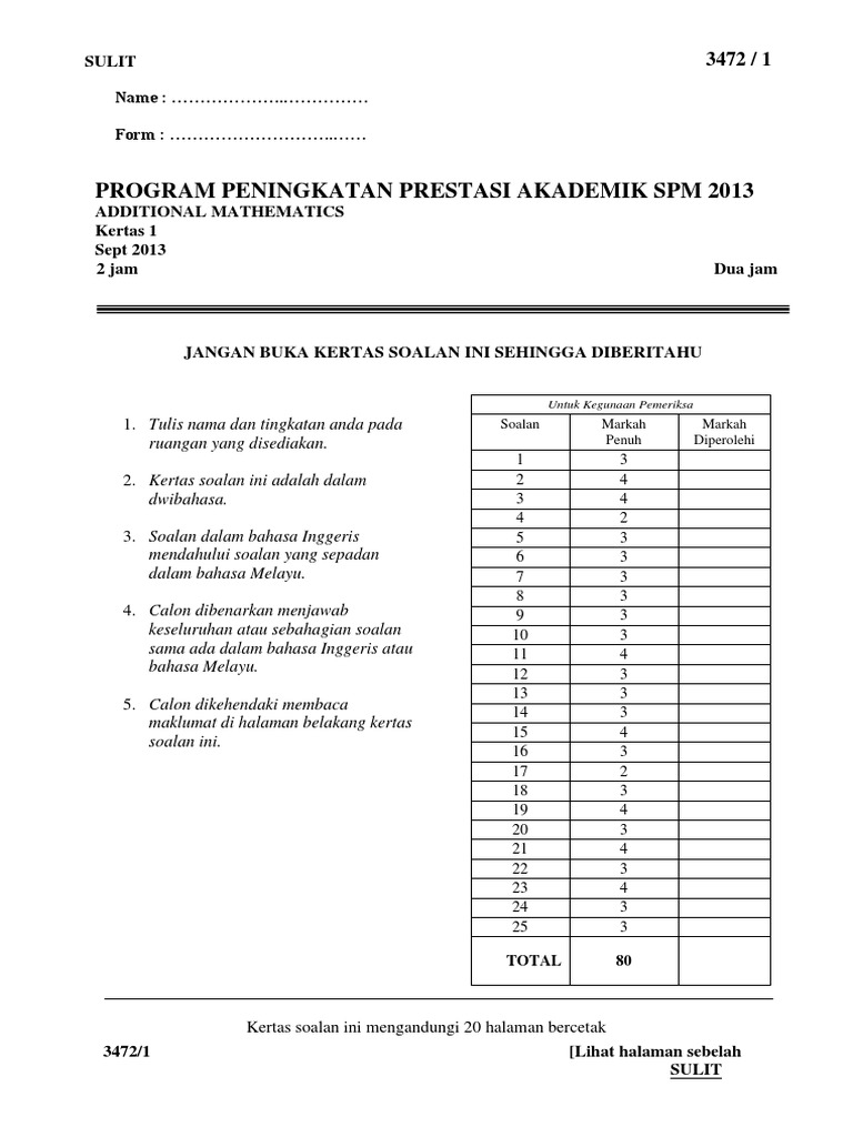 Add Maths Trial Exam P1 Set B - Sept 2013 | PDF | Fungsi Trigonometri ...