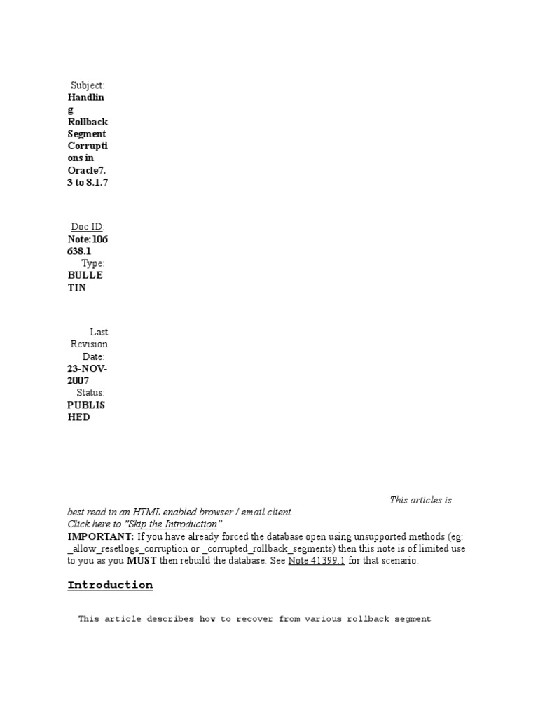 1066381 Handling Rollback Segment Corruptions Pdf Database Transaction Oracle Database 