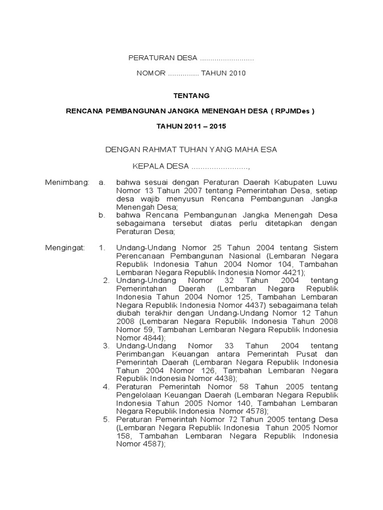 Contoh Konsideran Perdes Rpjmdes | PDF