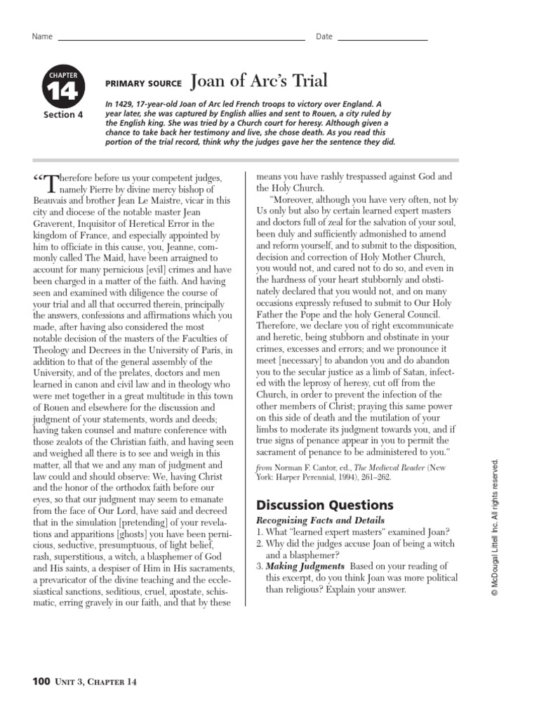 Chapter 14 Section 4 Primary Source Joan of Arcs | Joan Of Arc | Heresy