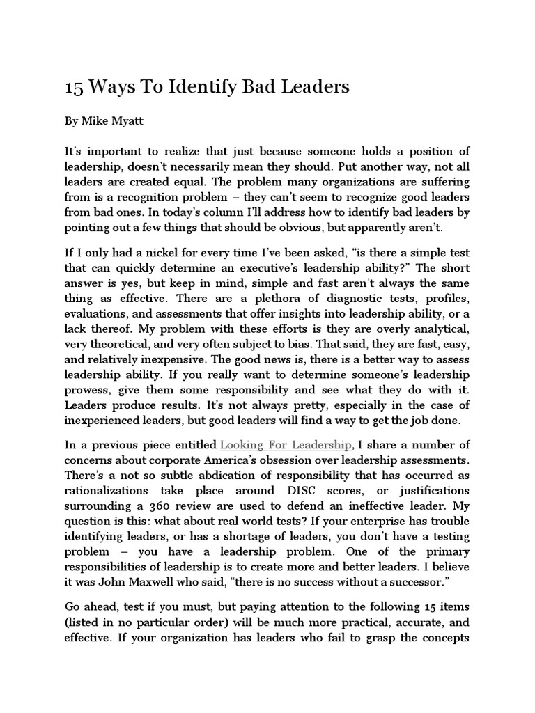 15 Ways To Identify Bad Leaders | PDF | Leadership | Educational Assessment