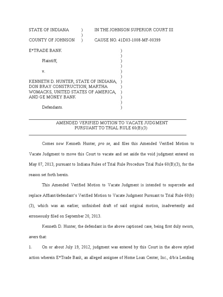 Hunter Etrade Rule 60 Motion 2 Vacate Rev 4 | PDF | Bank Of America ...