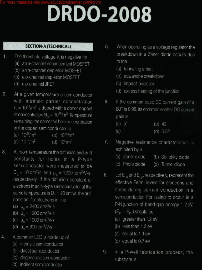 DRDO Electronics Engineering Question Paper 2008 | PDF | Banking