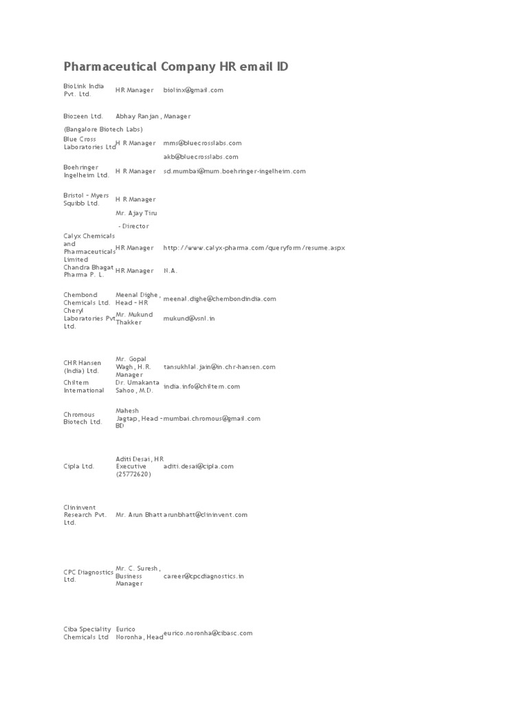 Pharma Company HR Email Directory | PDF | Healthcare Industry | Companies
