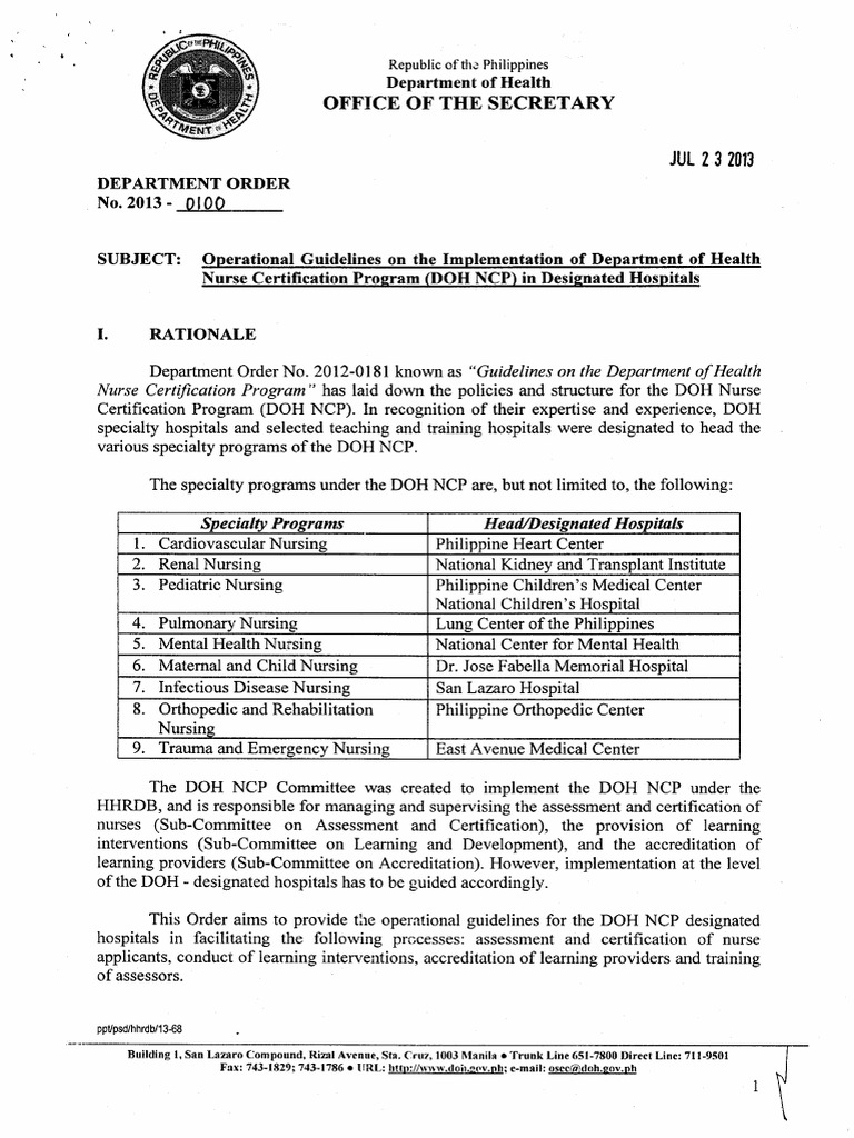 DOH Nurse Certification Program Operational Guidelines | PDF