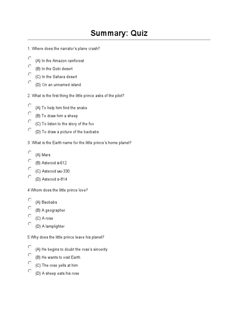 Little Prince Quiz for Readers | PDF