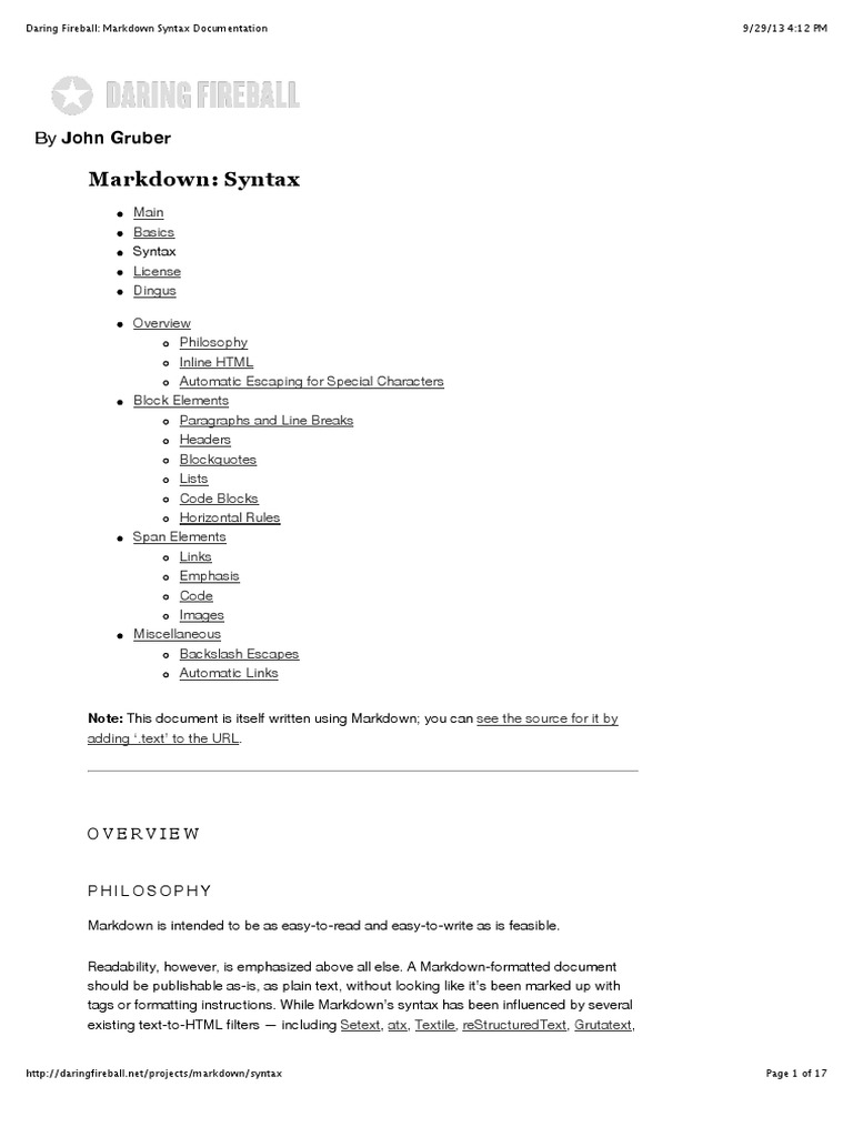 Daring Fireball Markdown Syntax Documentation Pdf Html Element Html