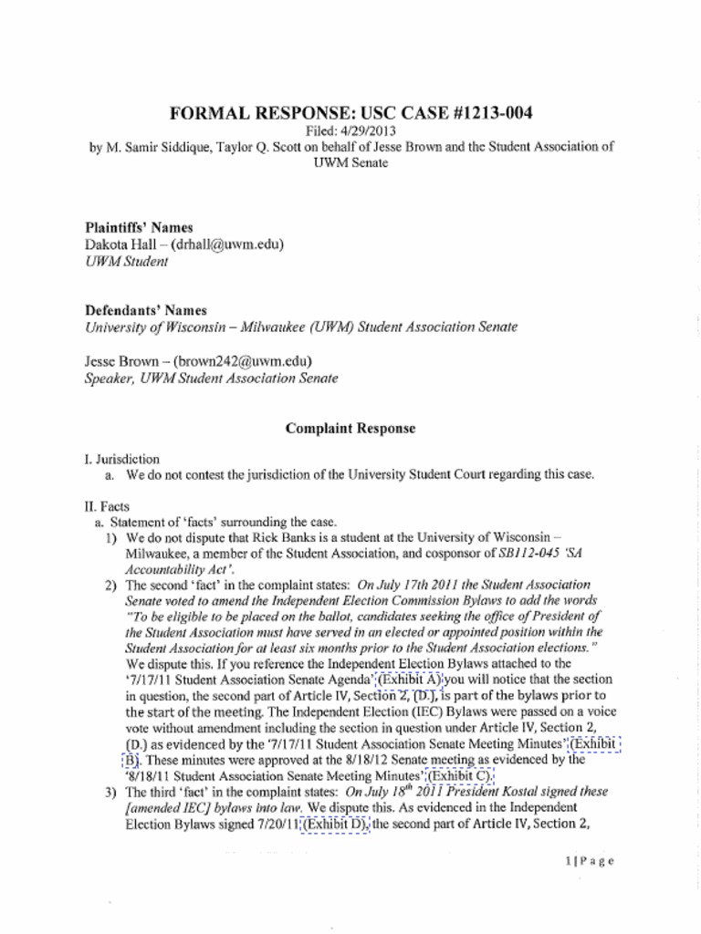 Formal Response-USC1213-004 Dakota Hall v. Student Association of UWM ...