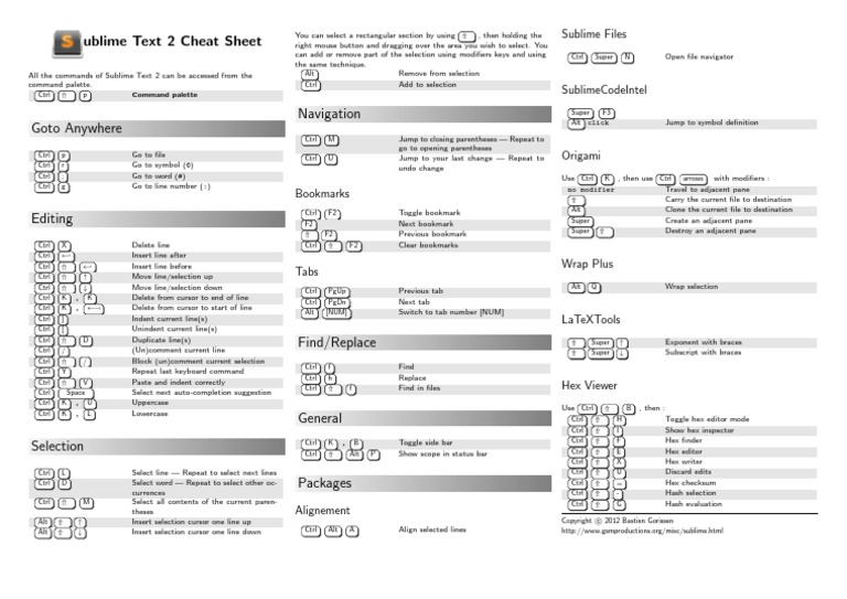 Sublime 2 Cheat Sheet PDF | PDF | Control Key | Software