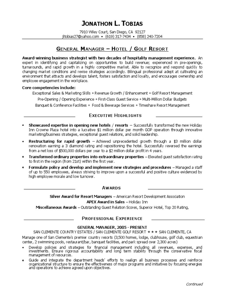Hotel General Manager Resume Sample Pdf