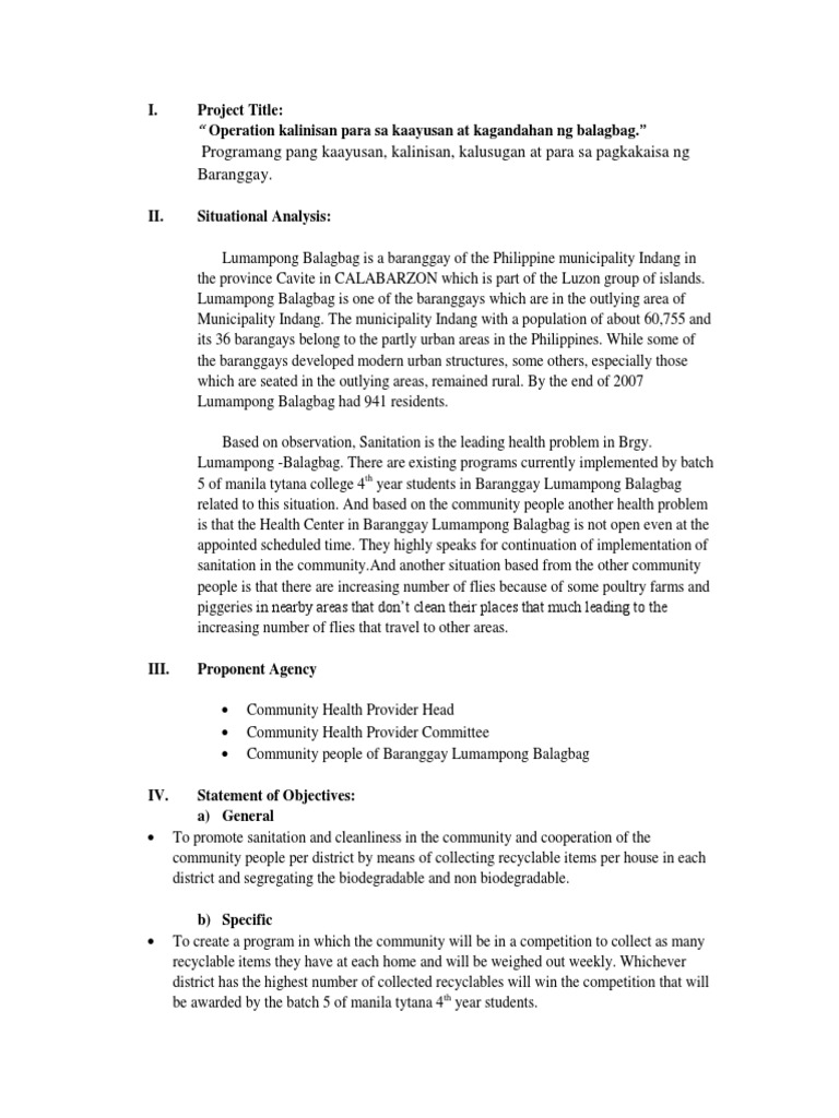 Operation Kalinisan Project Proposal | PDF | Sanitation | Business