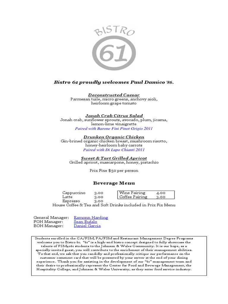 Bistro 61 Menu & Student Showcase | PDF | Wellness