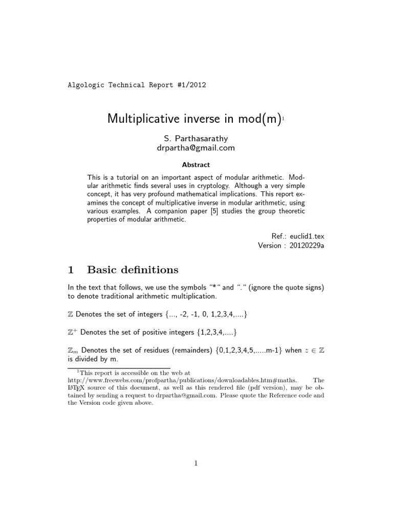 Multiplicative Inverse in Mod (M) : 1 Basic Definitions | PDF | Discrete Mathematics | Number Theory